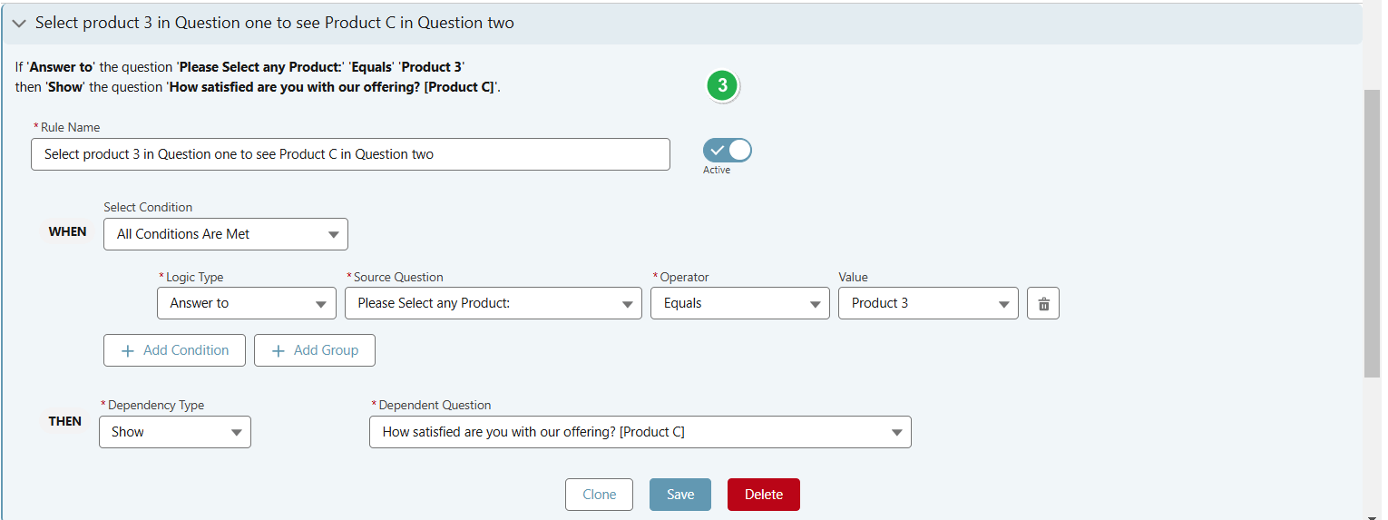 Use case of Grid type question as source & dependency question [Logic Type: Answer to]