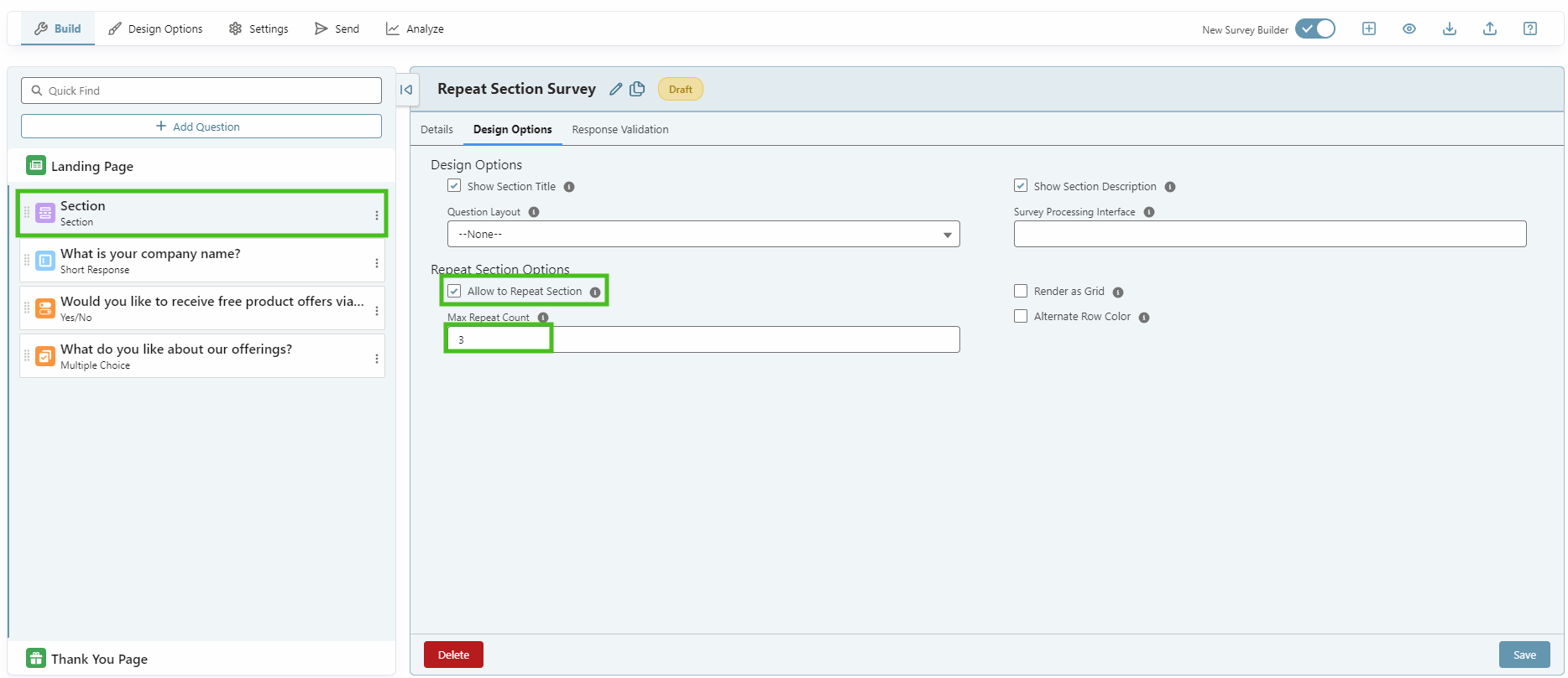 Allow To Repeat Section Surveyvista 