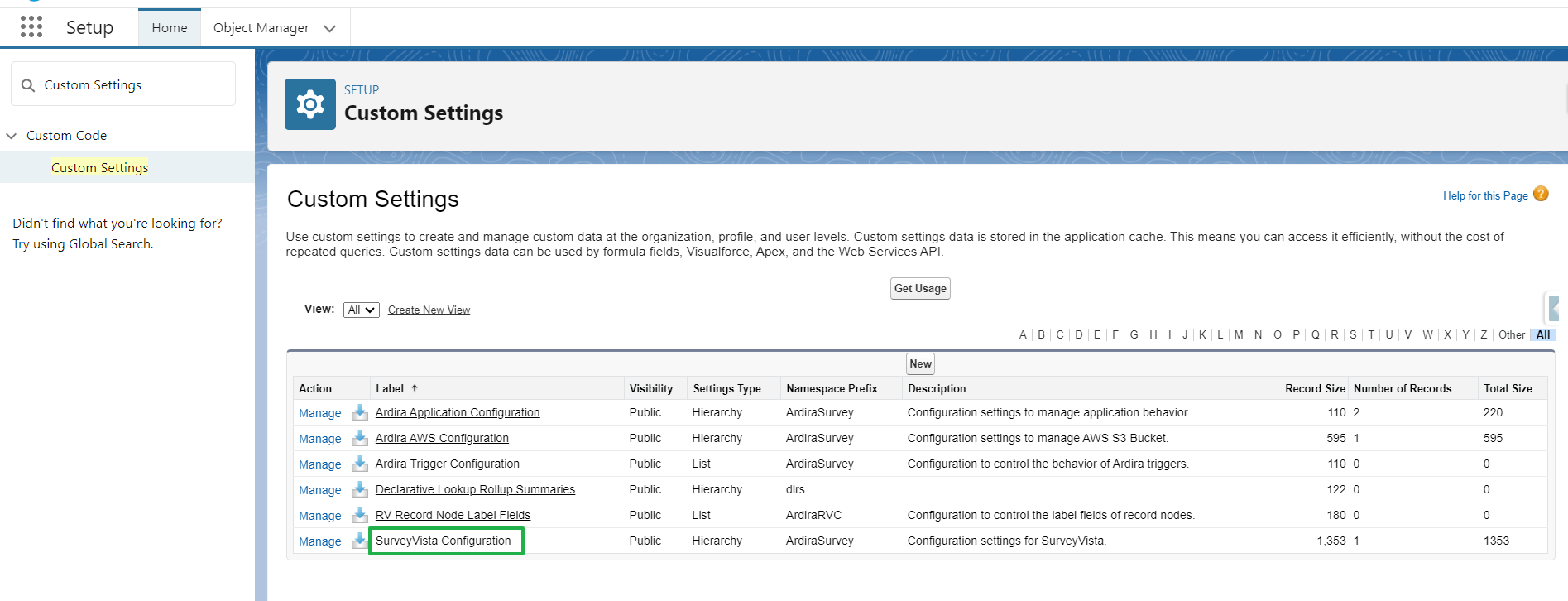 SurveyVista Custom Settings and Ardira Administration