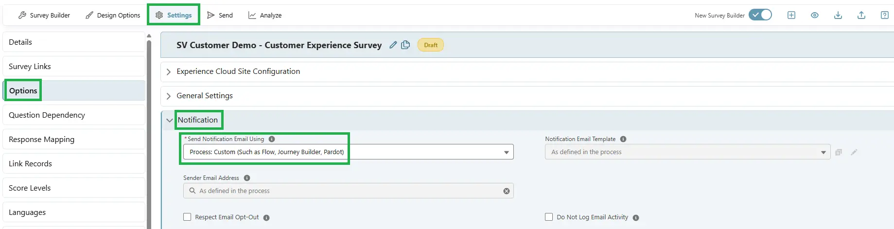 Survey Email Notification Configurations