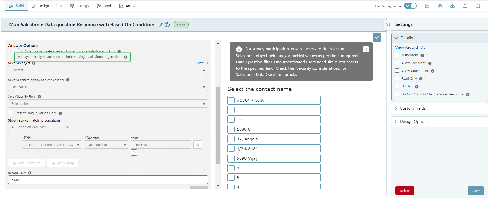 Map Salesforce Data question Response with Based On Condition