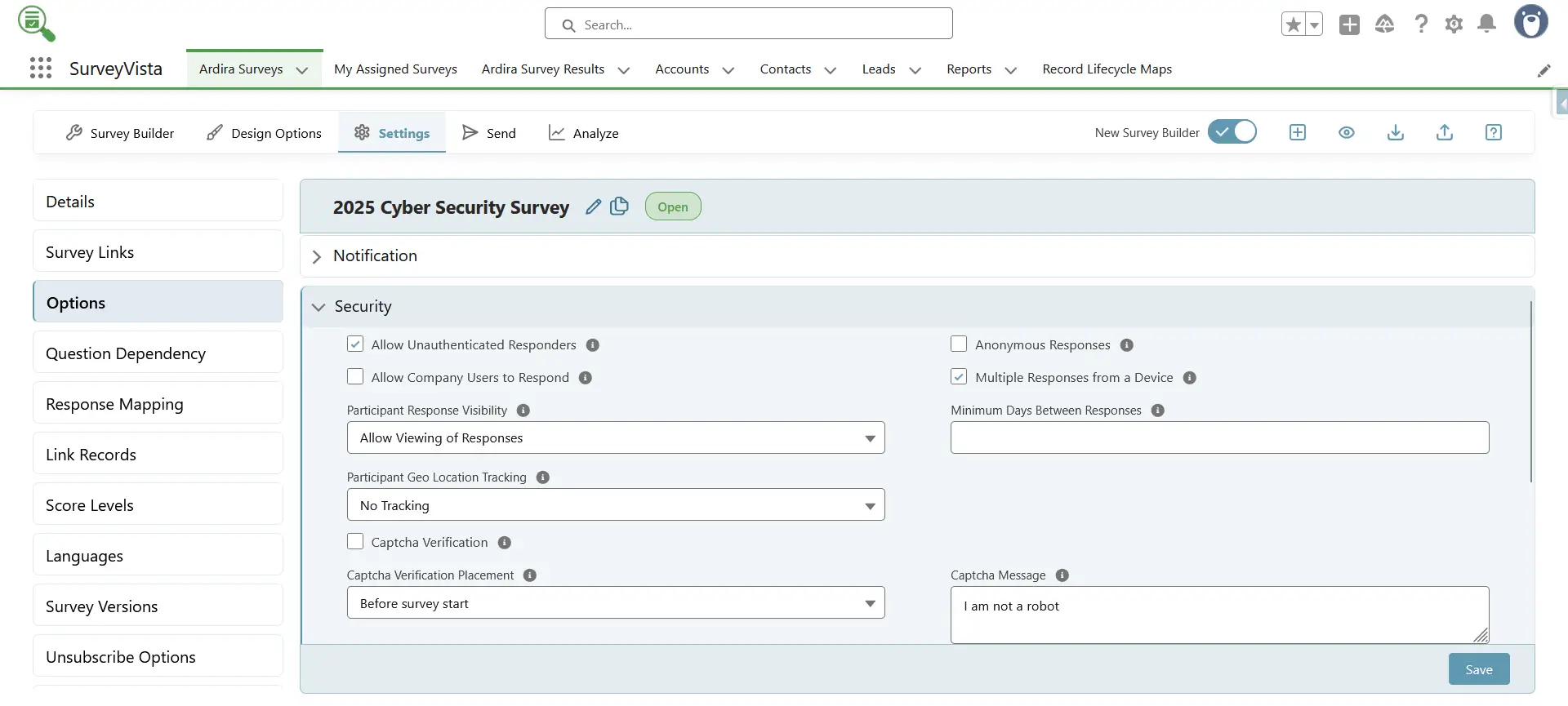 Survey Settings - SurveyVista