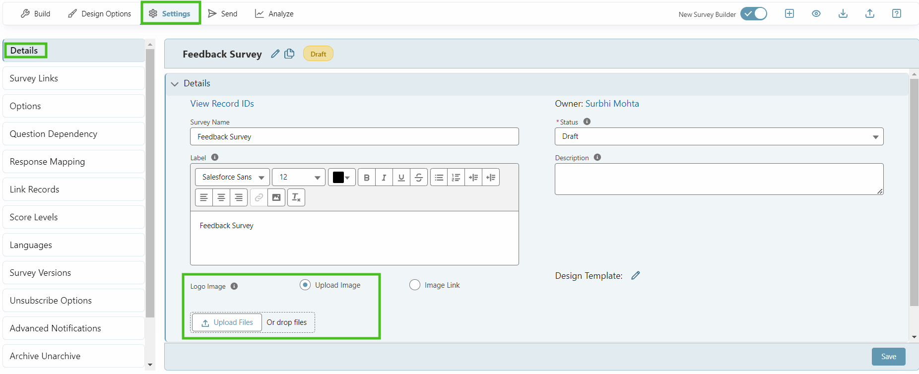 Survey Details and Company Logo - SurveyVista