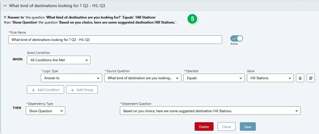 Use case of ‘Branch Rule’ dependency with multiple questions and multiple answer choices
