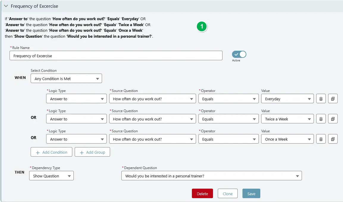 Use case of ‘Show Rule’ dependency with single question and multiple answer choice
