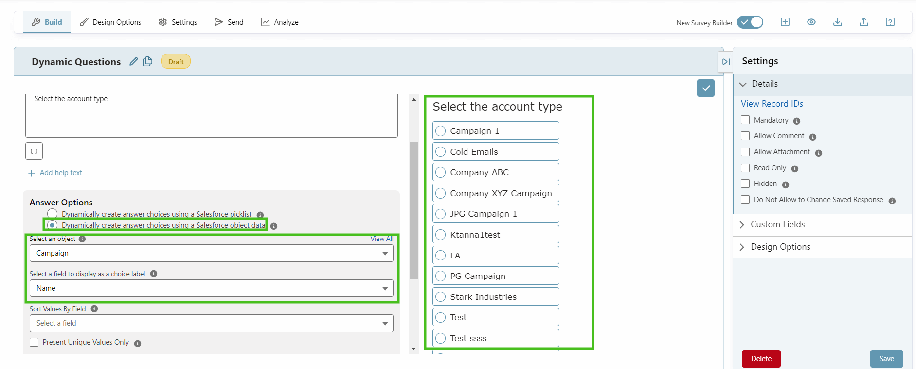 Salesforce Data – Single Choice (previously known as Radio – Using Salesforce Data)