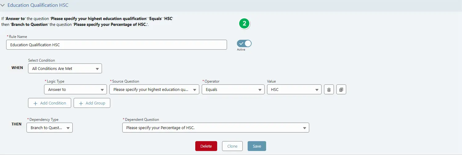 Use case of ‘Branch Rule’ dependency with single questions and multiple answer choices