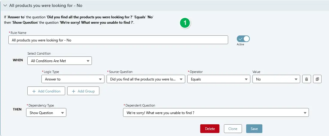 Use case of ‘Show Rule & Submit’ dependency with single questions and multiple answer choices
