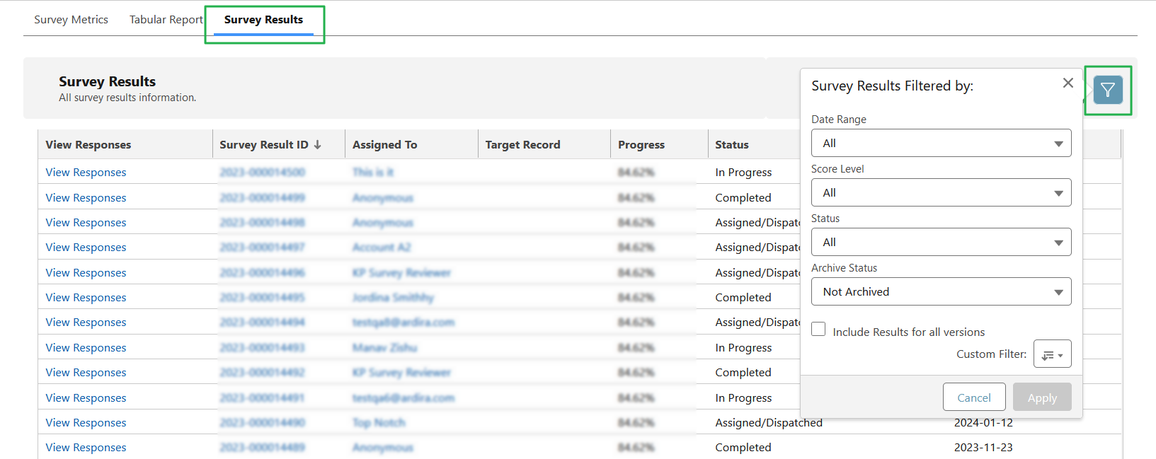 Survey Results List - SurveyVista