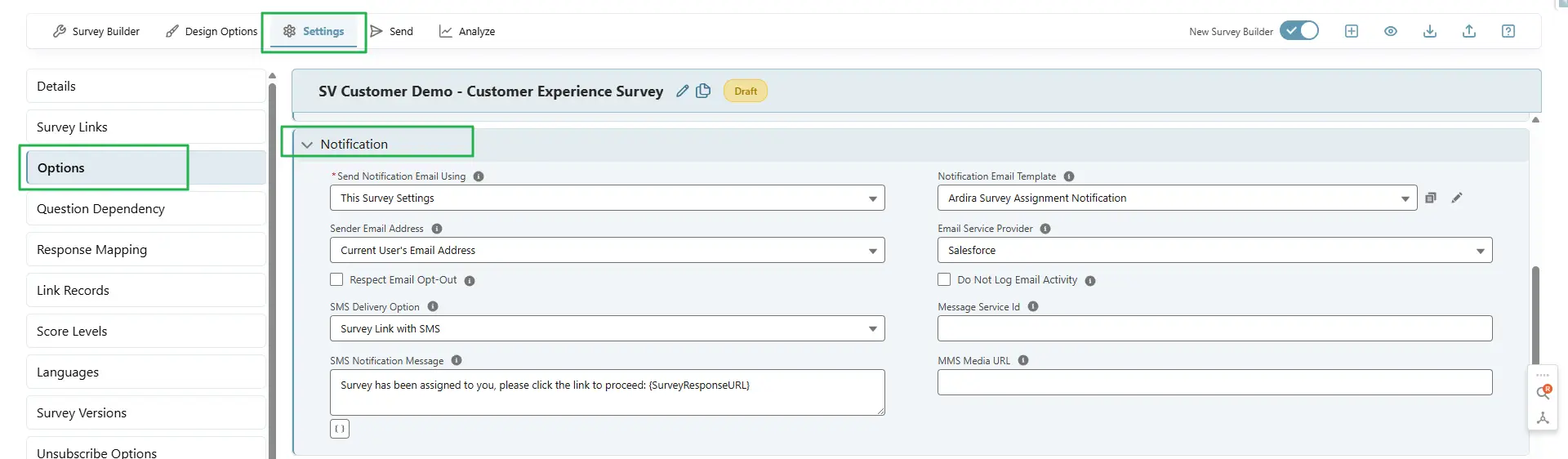 Survey Email Notification Configurations