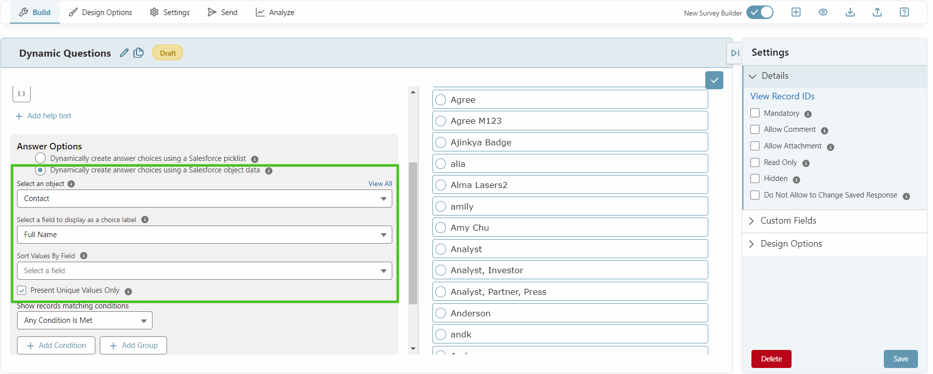 Salesforce Data – Single Choice (previously known as Radio – Using Salesforce Data)