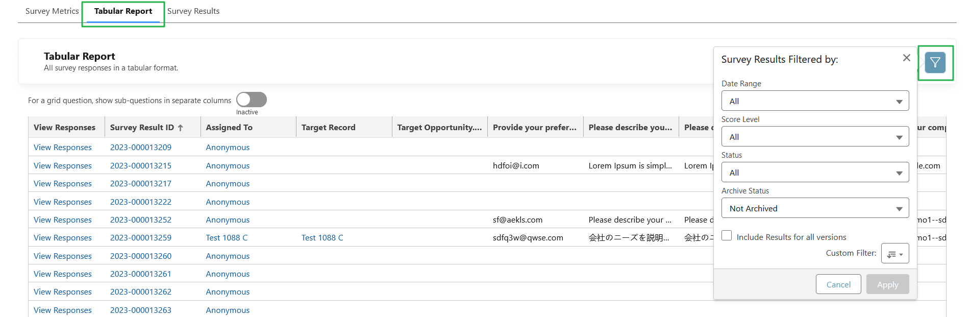 Tabular Report - SurveyVista