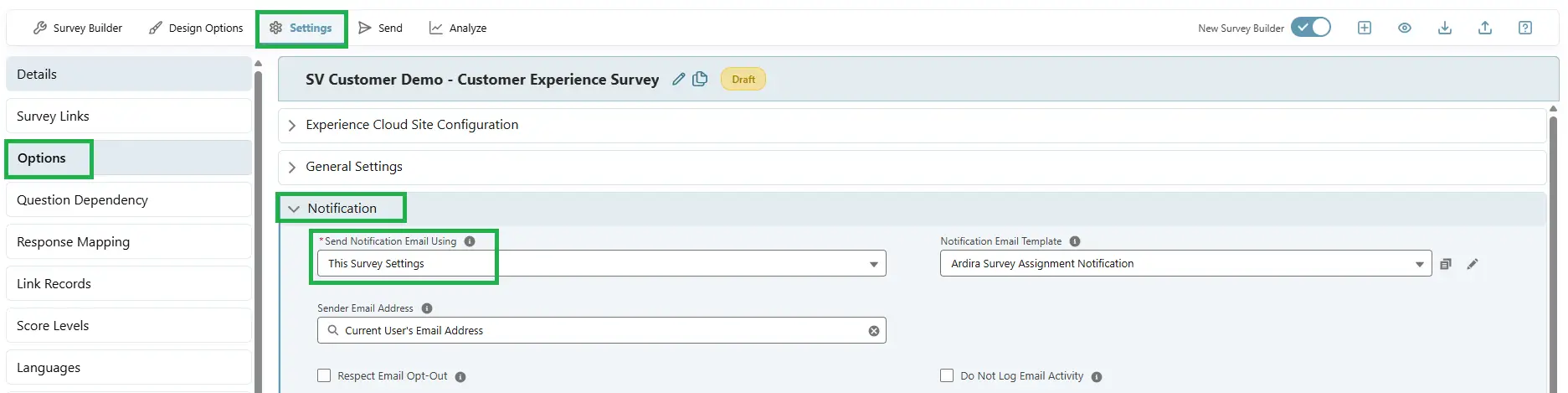 Survey Email Notification Configurations