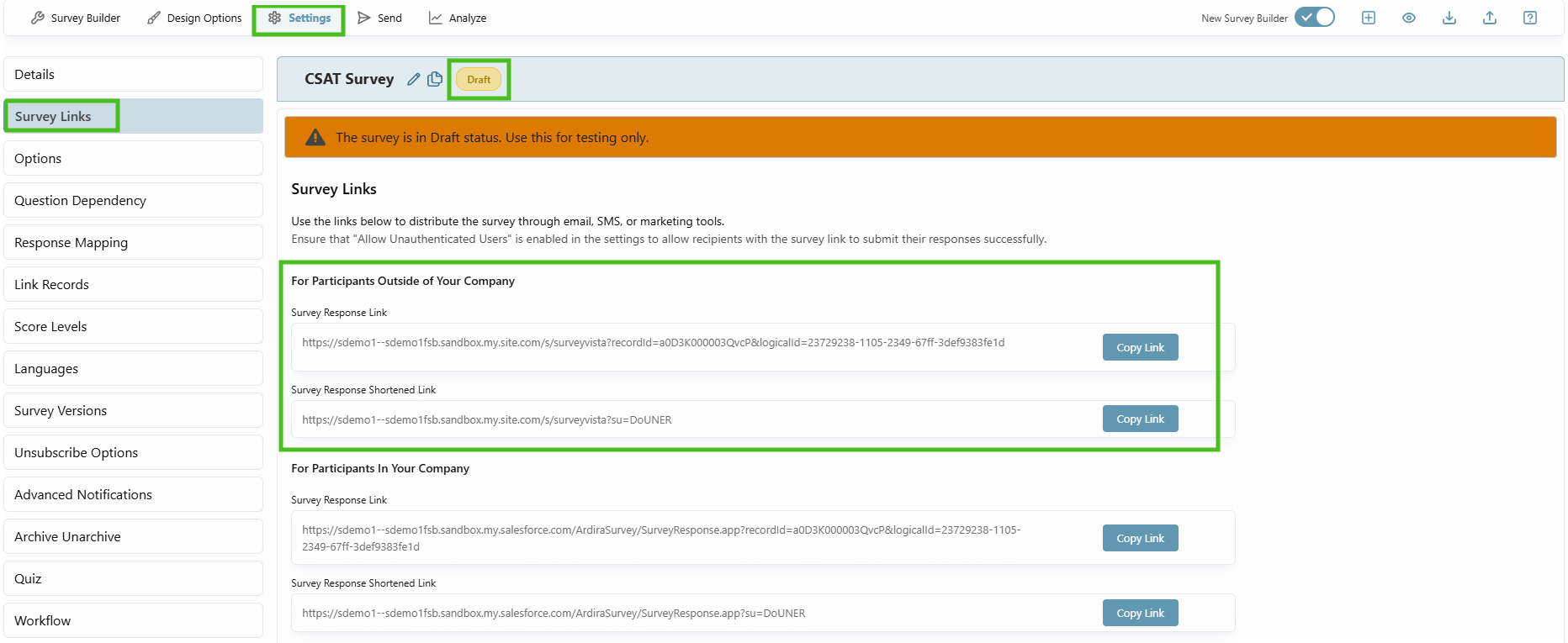 Test Survey in Draft Status - SurveyVista