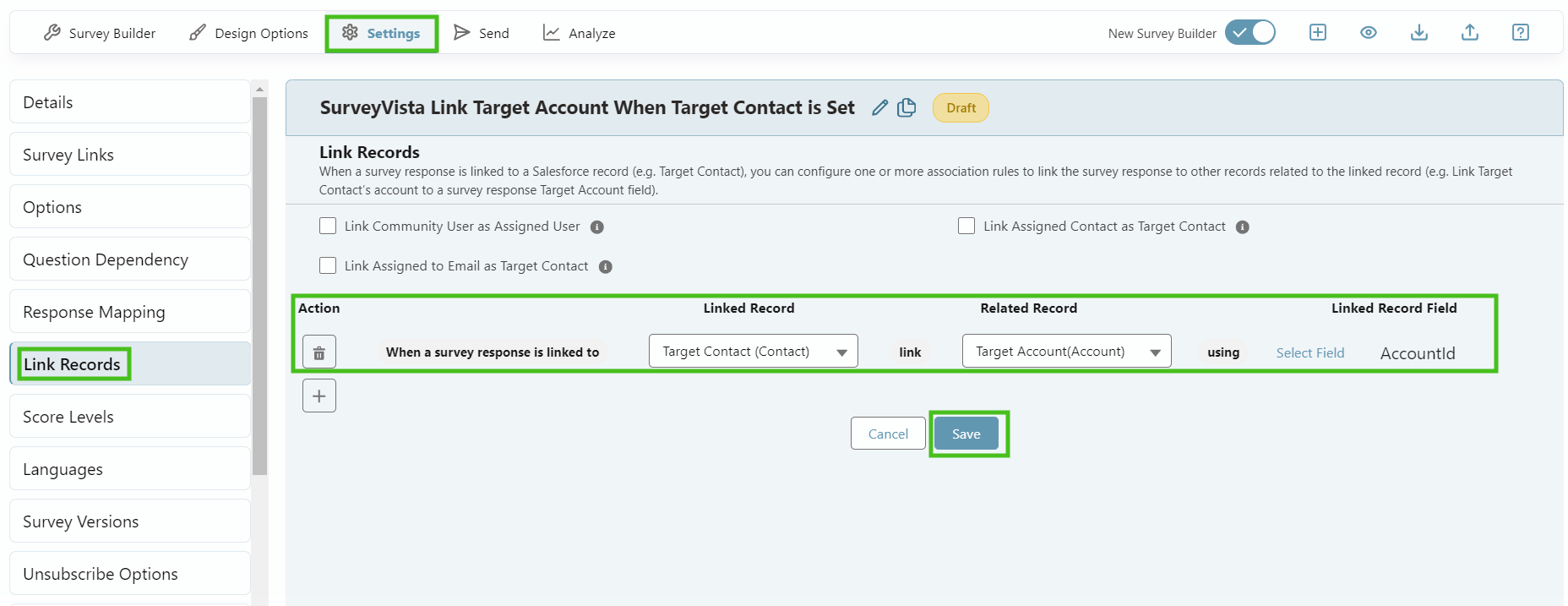 Linking Target Account(s) when the Target Contact is Set on the Survey ...