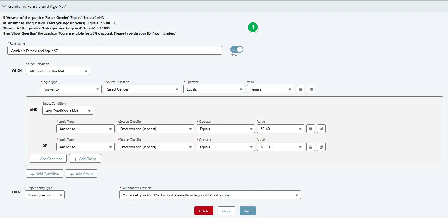 Use case of ‘Show Rule’ dependency with Multiple question and multiple answer choice
