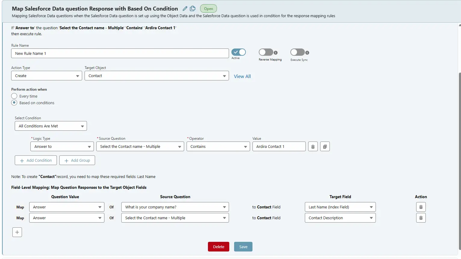 Map Salesforce Data question Response with Based On Condition
