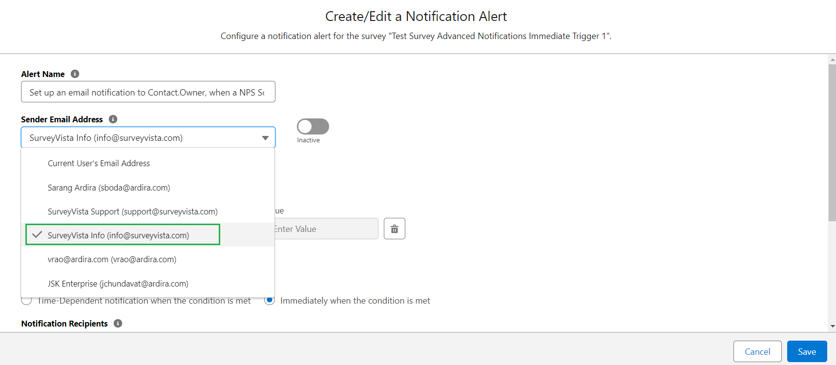 Configure personalized and detailed Alert Notifications - SurveyVista