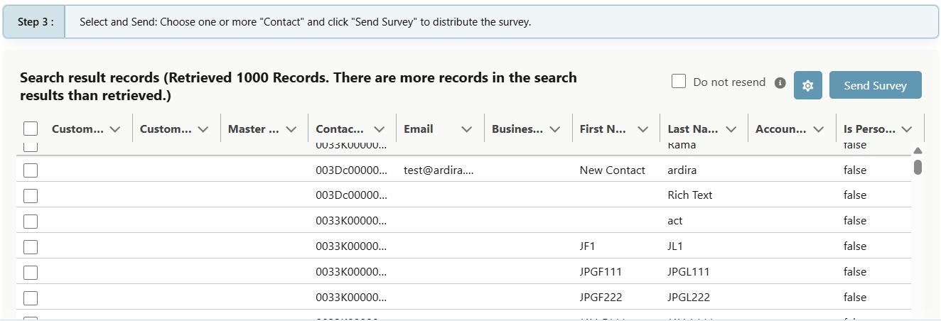 Set-up default fields for search result records - SurveyVista
