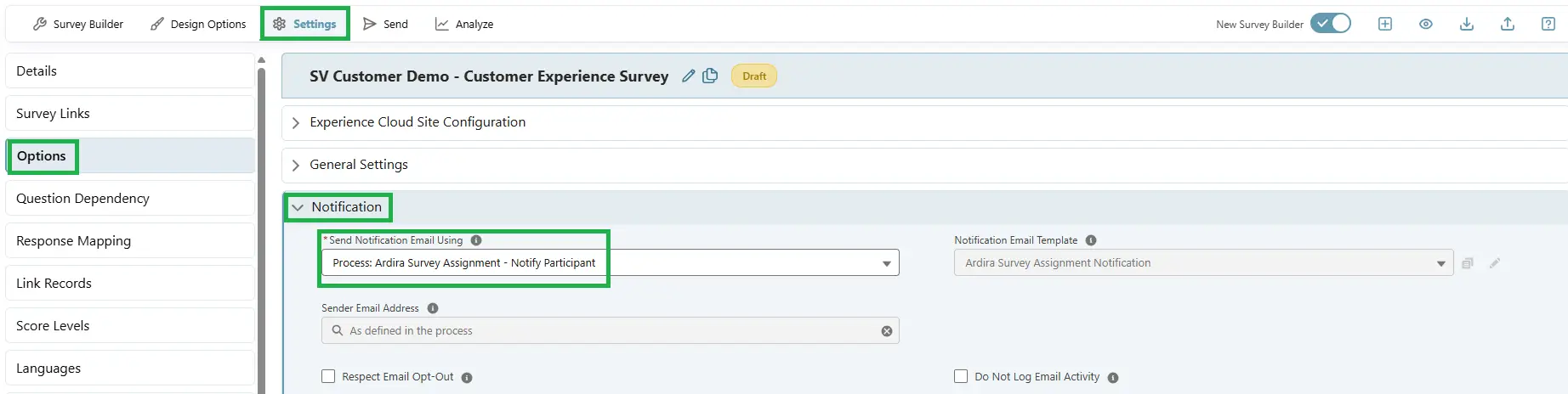 Survey Email Notification Configurations
